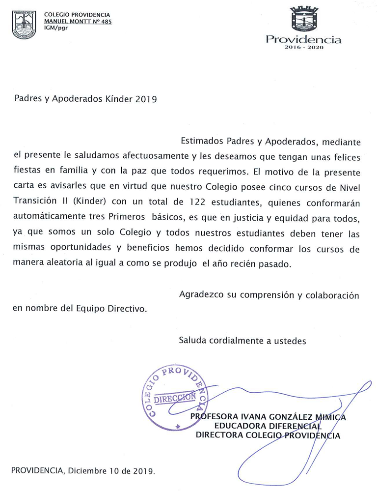 Carta Padres y Apoderados Kinder 2019